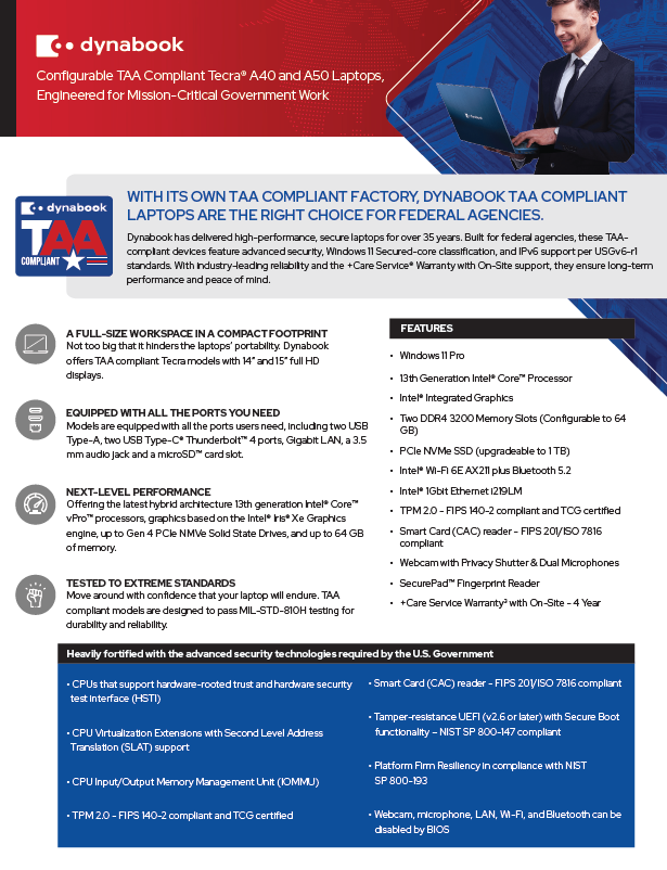 TAA Compliant Tecra® A40 and A50 Dynabook Laptops,...
